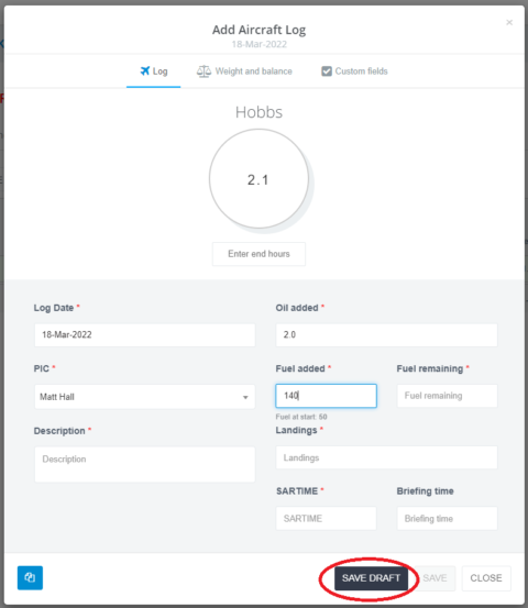 Recording draft details prior a flight | lockr.aero